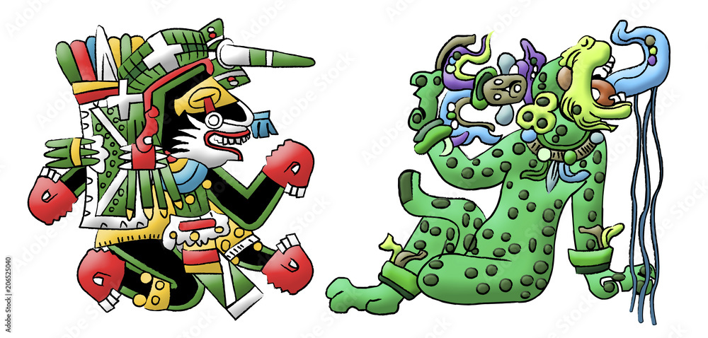 Mayan Aztec deities interpretation of a dog and jaguar illustration ...