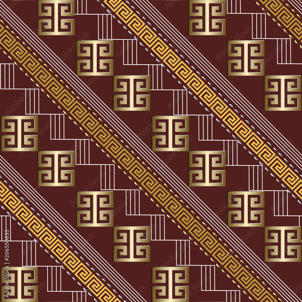 Striped 3d greek key meander seamless pattern. Dark red abstract ...