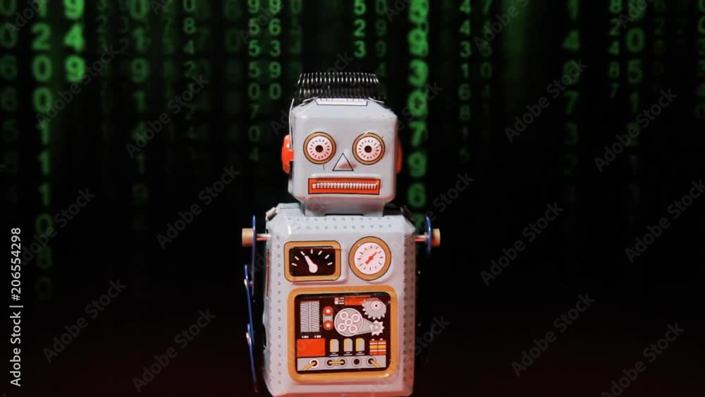 A neurotic tin toy robot standing in front of a distorted screen ...