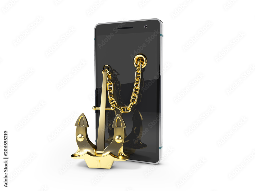 Maritime Anchor on the screen of phone, 3d illustration Stock ...