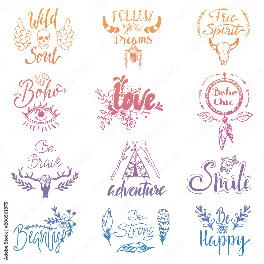 Boho lettering vector ethnic bohemian feather arrow sign and tribal ...