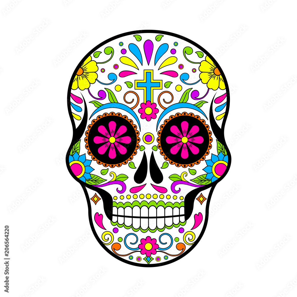 Mexican Sugar skulls, Day of the dead vector illustration on white ...