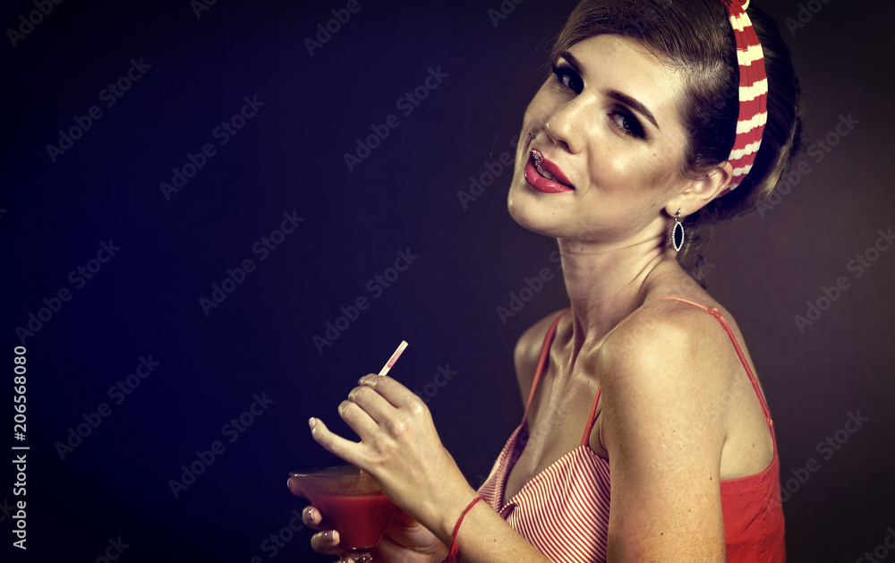 Pin up girl drink bloody Mary cocktail. Pin-up retro female style. Girl ...