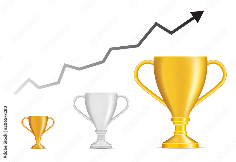 Growing chart with bronze, silver and gold trophies and an arrow ...