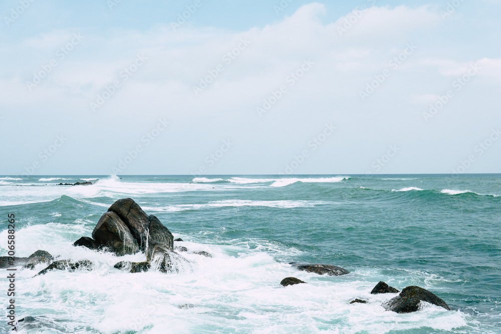 Beautiful blue ocean, tropical island, beach landscape, fishing boat in ...