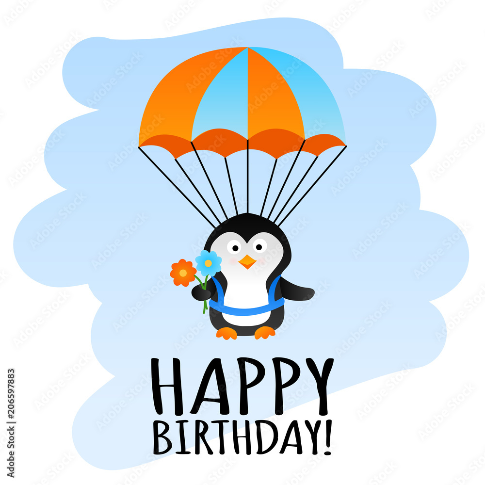 Cute happy birthday card with funny parachute penguin Stock ...