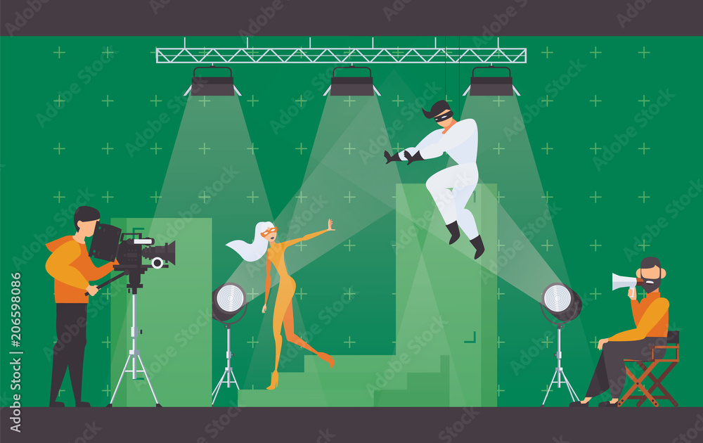 Vector flat scene with superhero movie making scene. Filming director ...