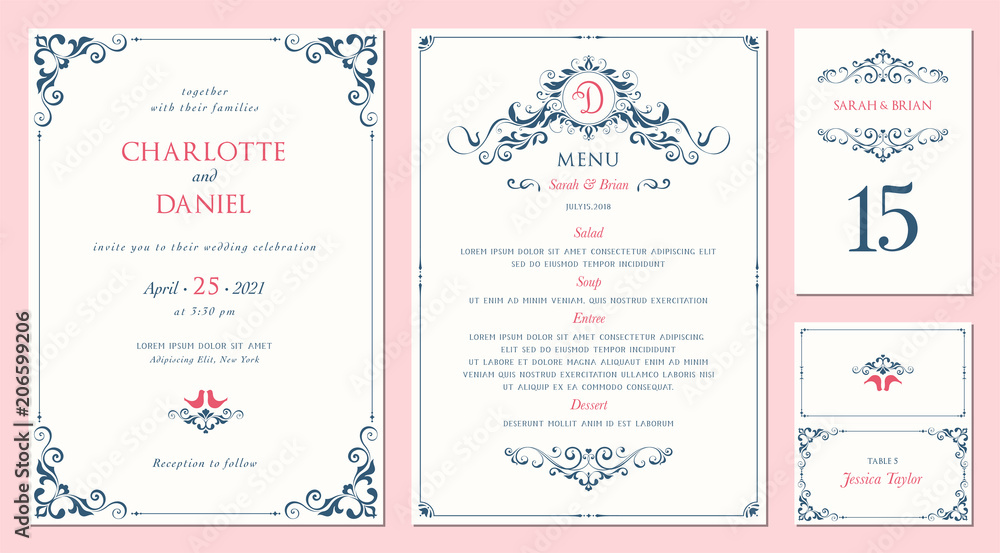 Ornate wedding invitation, table number, menu and place card. Swirl ...