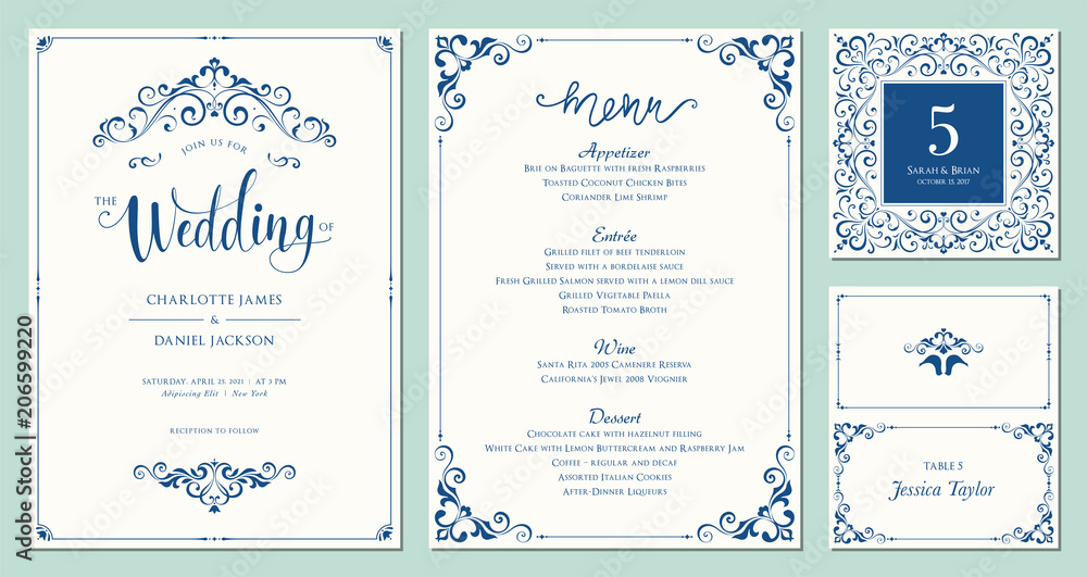 Ornate wedding invitation, table number, menu and place card. Swirl ...