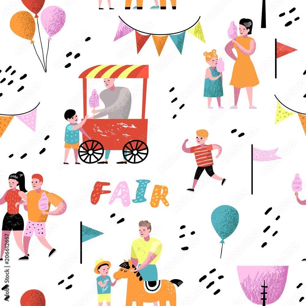 Summer Fun Fair Seamless Pattern. Amusement Park Characters with ...