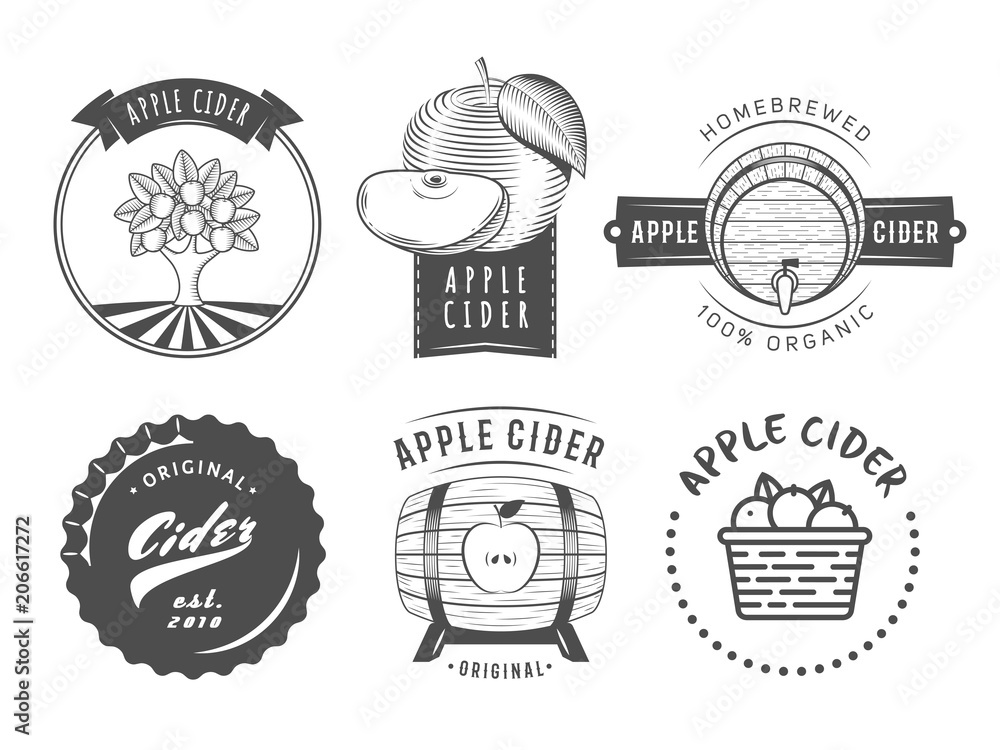 Vector cider labels and logos. Set of vintage badges for apple cider ...