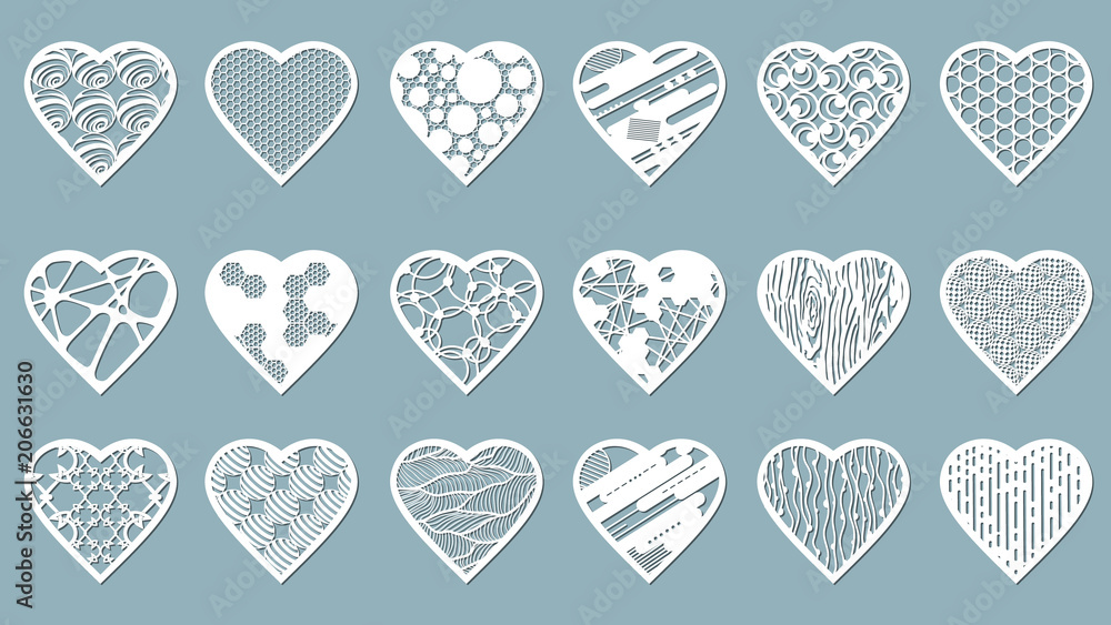 Set stencil hearts with carved pattern. Template for interior design ...