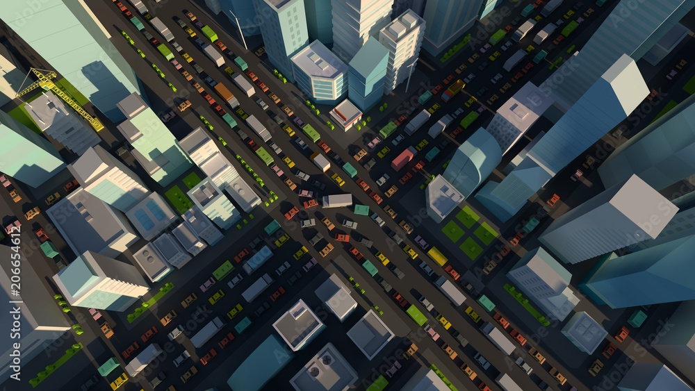 City street Intersection traffic jams road 3d render. Very high detail ...