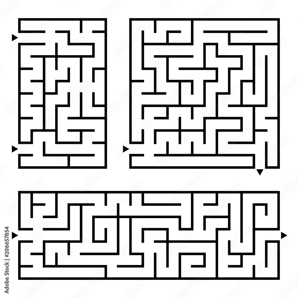 A set of square and rectangular labyrinths with entrance and exit. Simple flat vector ...