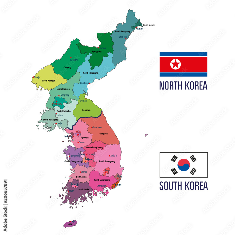 Korea vector detailed map with regions and their capitals Stock Vector ...