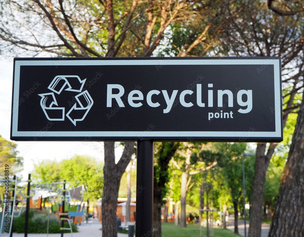Recycling point sign ,words and symbol in white color on black ...