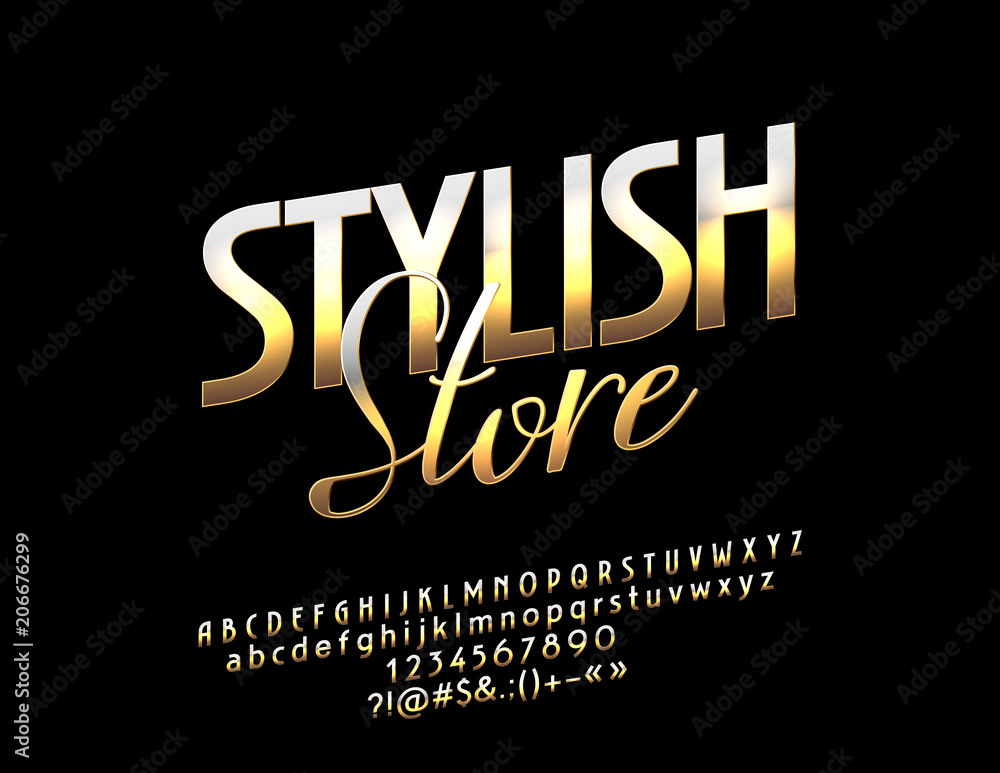 Vector elegant logo Stylish Store. Golden rich Font. Glamour Alphabet ...