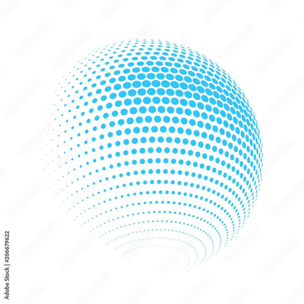 Abstract globe dotted sphere, 3d halftone dot effect design element ...