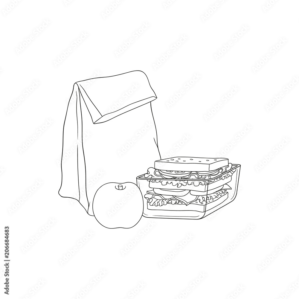 Paper lunch bag and sandwich in plastic container with apple for school ...