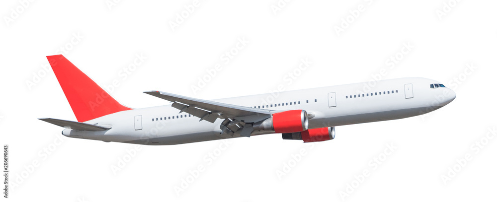 Side view of a flying passenger aircraft isolated on white background ...