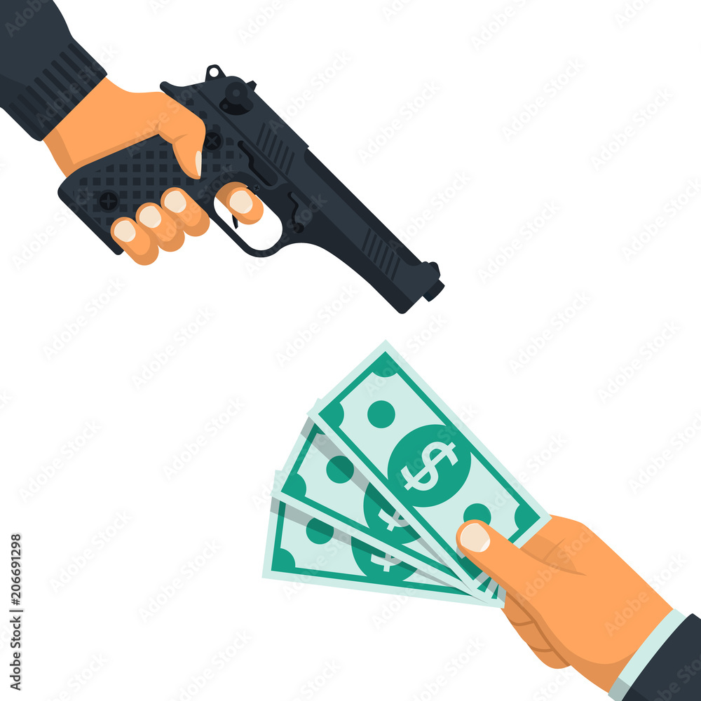 Robbery concept. Criminal threatening a gun extorts money from the ...