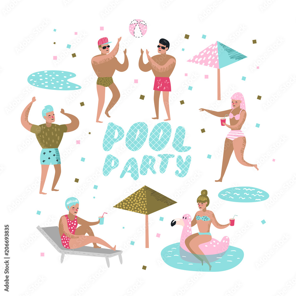 Pool Party. Characters People Swimming, Relaxing, Have Fun in the Pool ...