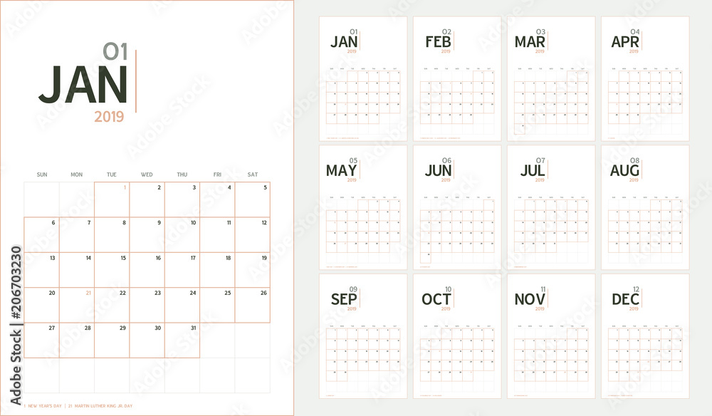 Vector of 2019 new year calendar in minimal table simple style and ...