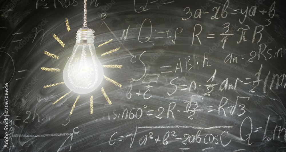 idea concept with bright glowing light bulb on blackboard with math ...