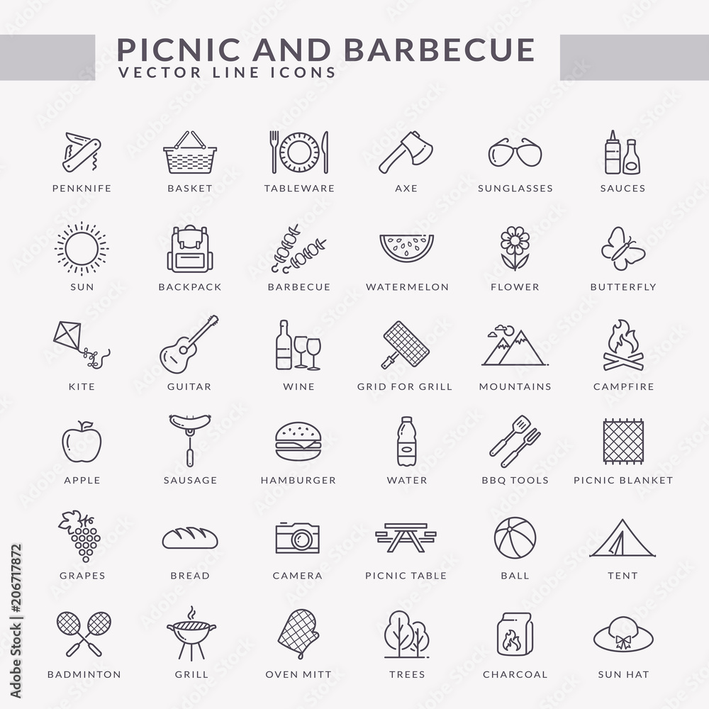 Picnic and barbecue outline icons. Stock Vector | Adobe Stock