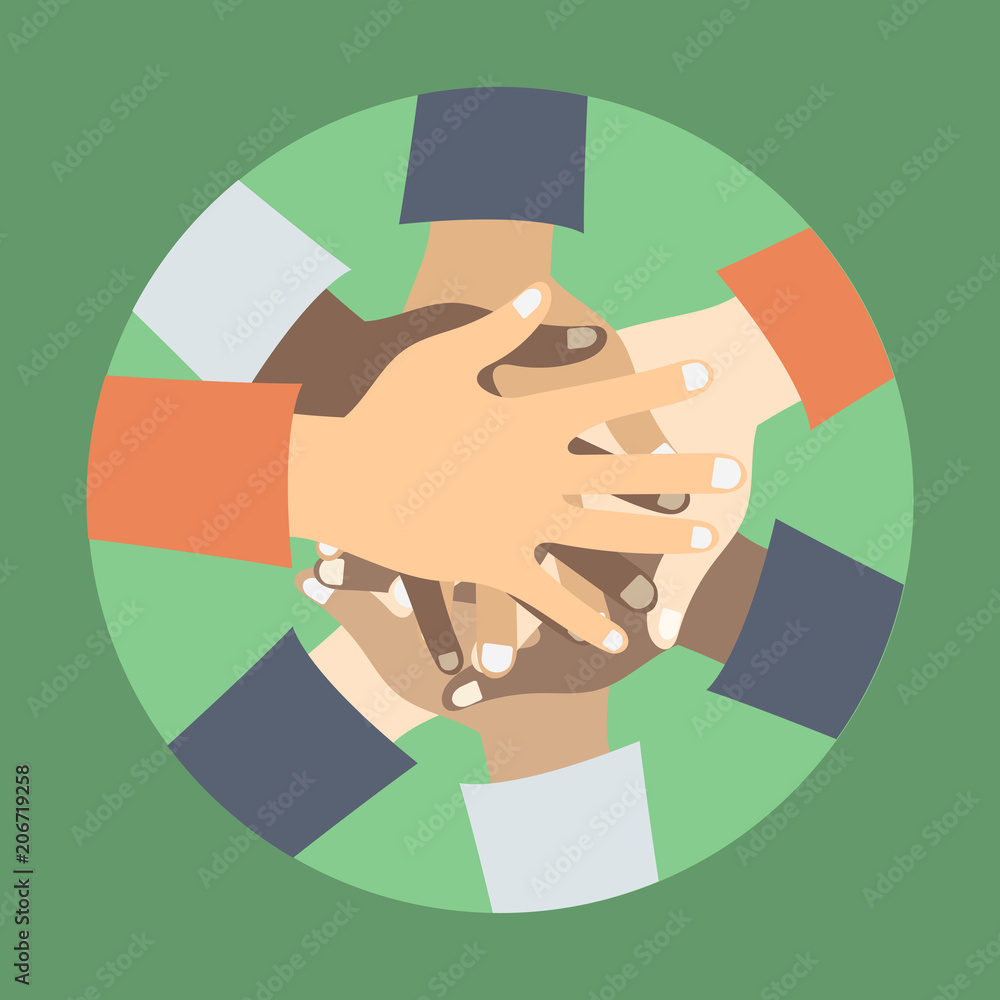 Teamwork concept. Friends with stack of hands showing unity and ...