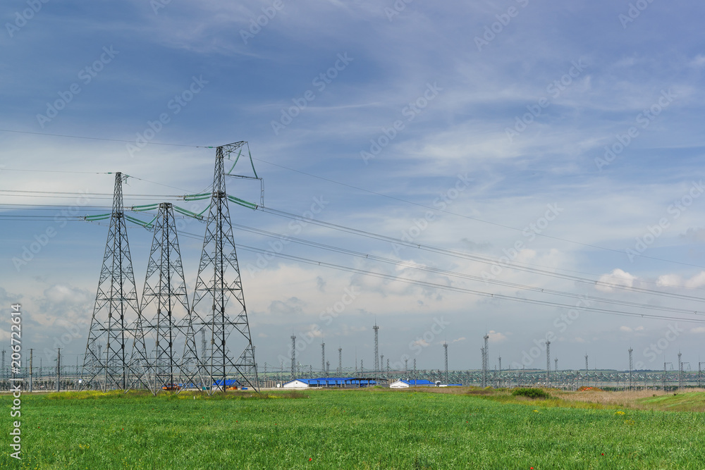 Electricity pylon and transformer substation on the Taman Peninsula to ...