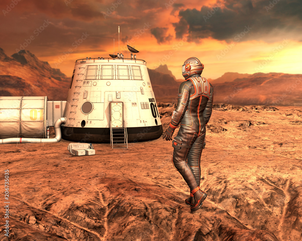 Astronaut on planet Mars surface, approaching Mars habitat. 3D ...