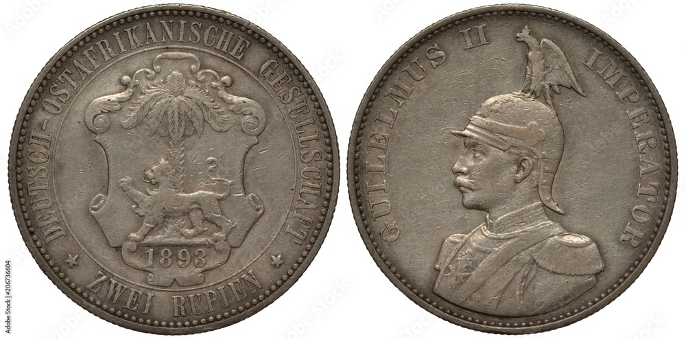 German East Africa silver coin two rupees 1893 lion and palm in front ...