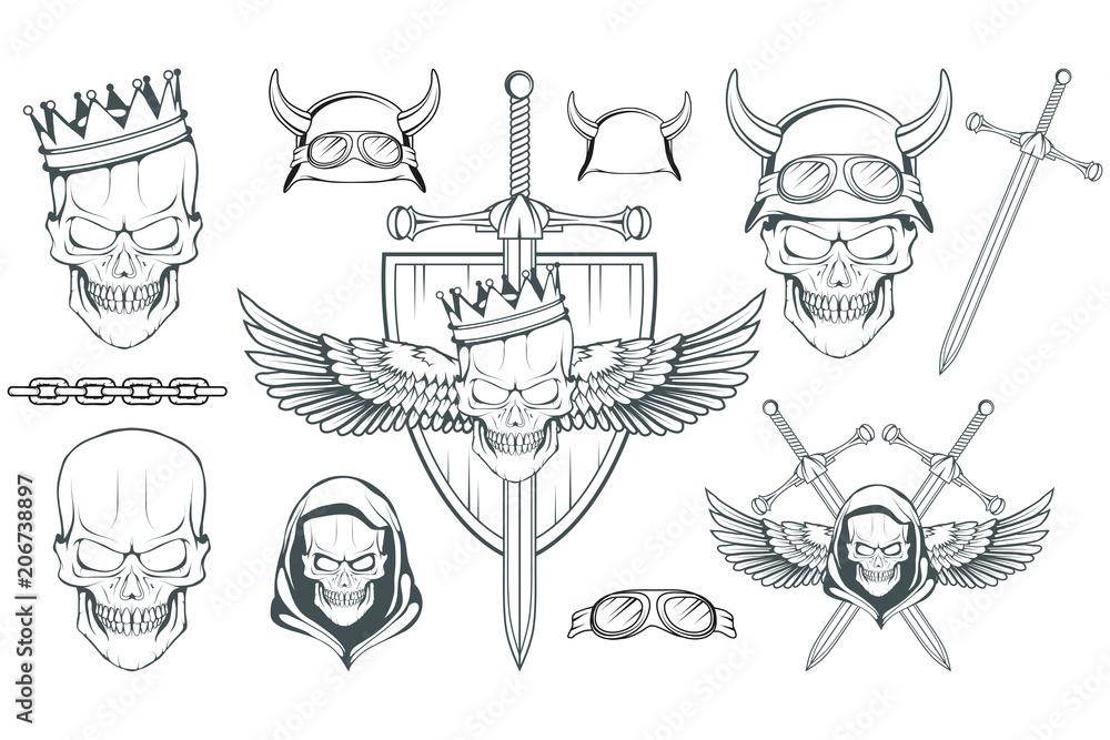 Skull illustration set. Evil skull on white background. Vector graphics ...