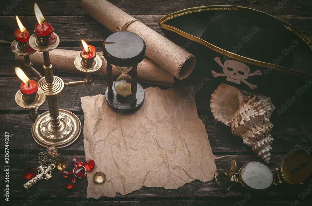 Pirate captain table with crumpled paper page with copy space for ...