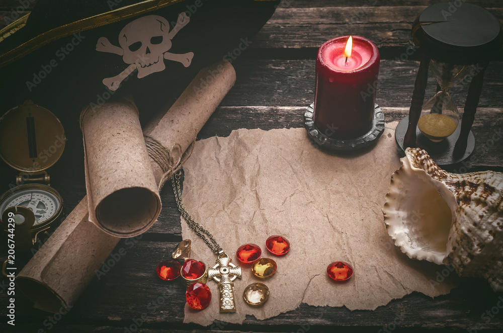 Pirate captain table with crumpled paper page with copy space for ...