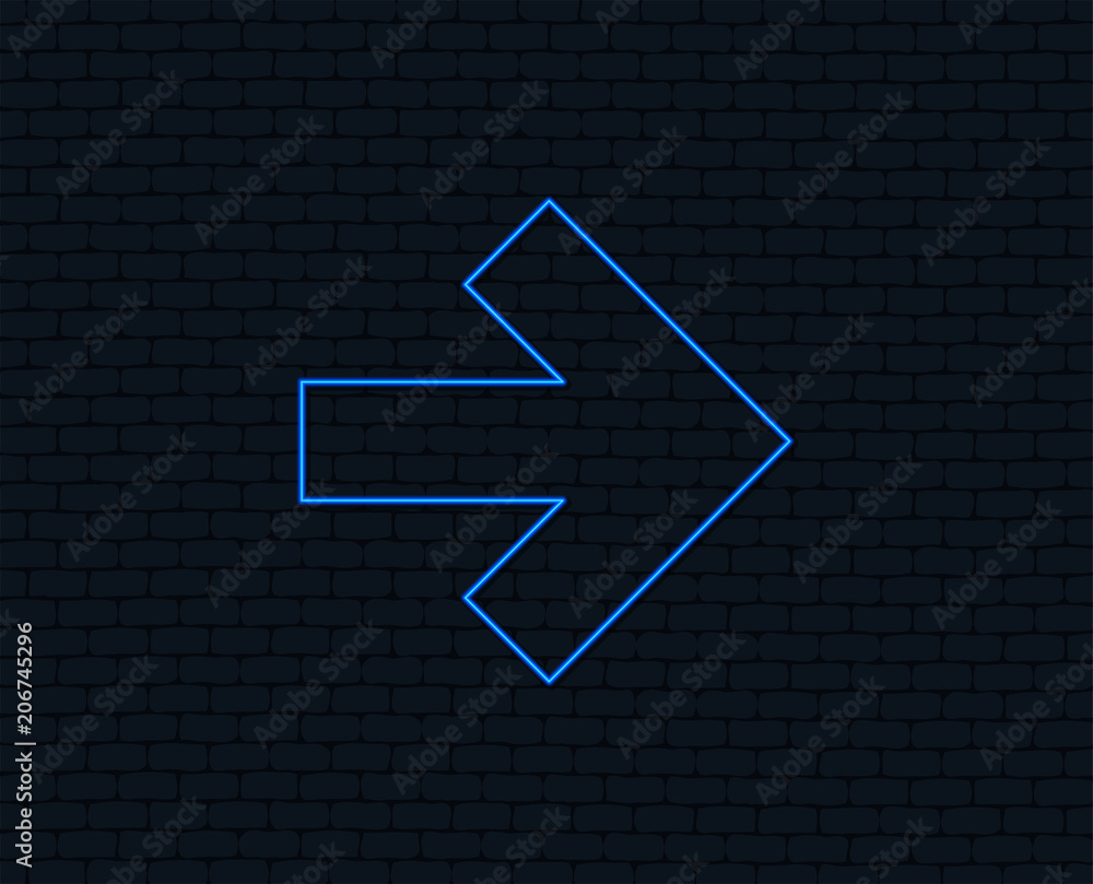 Neon light. Arrow sign icon. Next button. Navigation symbol. Glowing ...