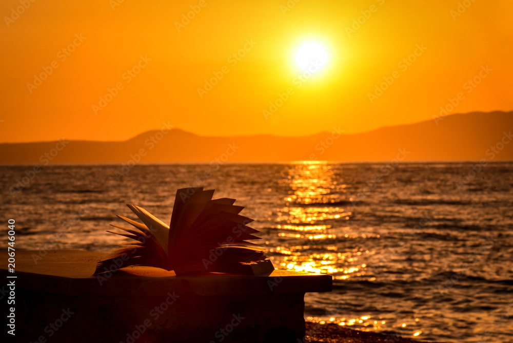 Silhouette of an open book during sunset at the beach by the sea ...