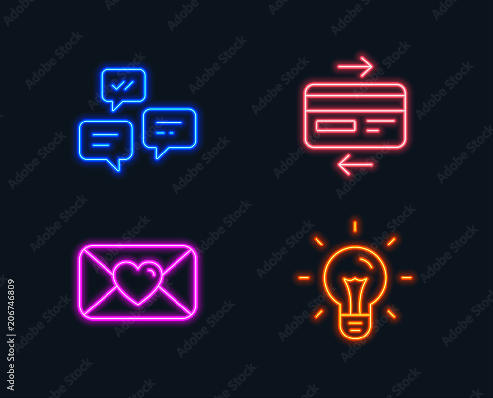 Neon lights. Set of Valentine, Chat messages and Credit card icons ...