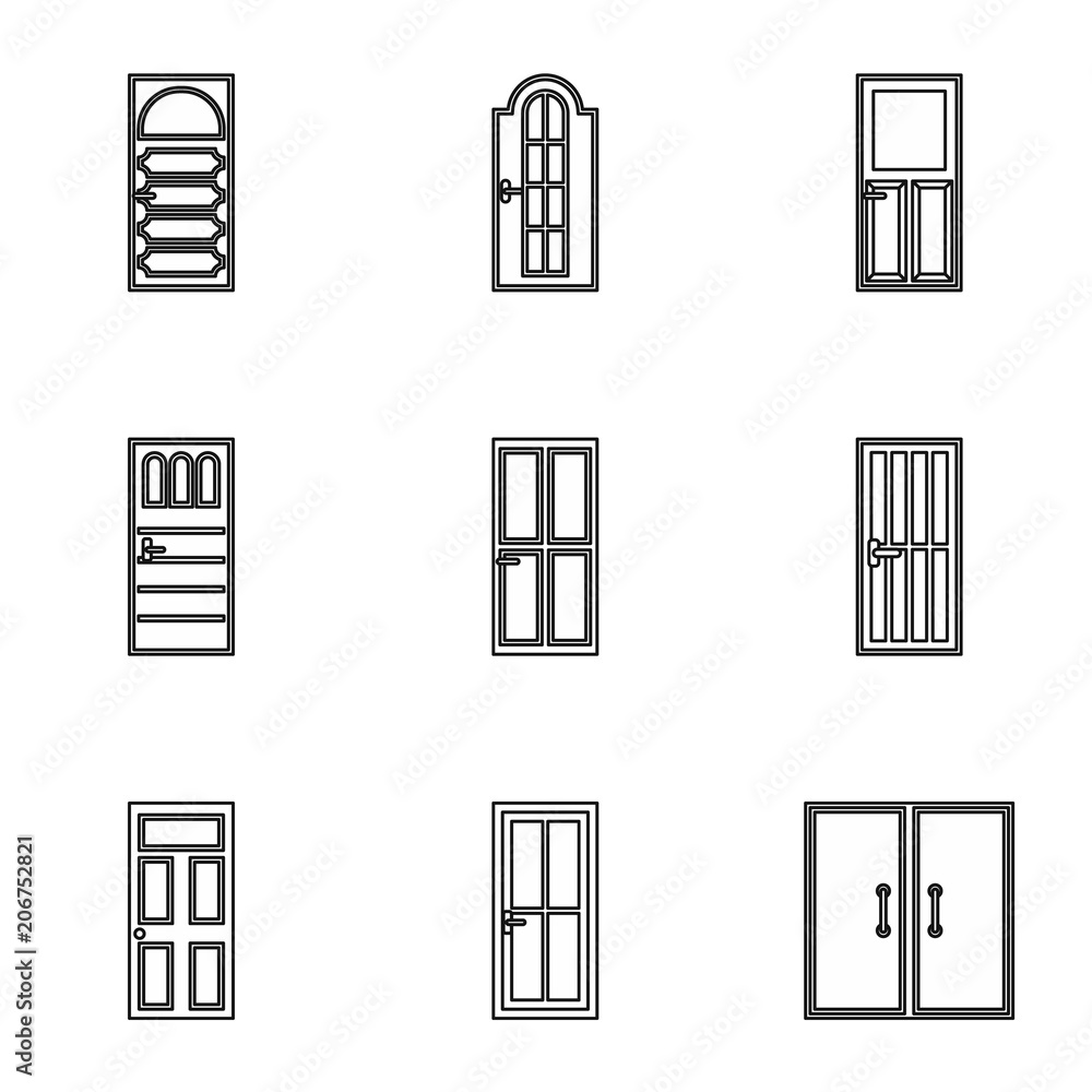 Security doors icons set. Outline illustration of 9 security doors ...