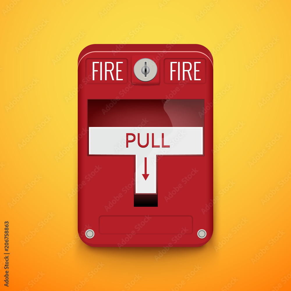 Fire alarm system. Pull danger fire safety box. Break red alarm ...