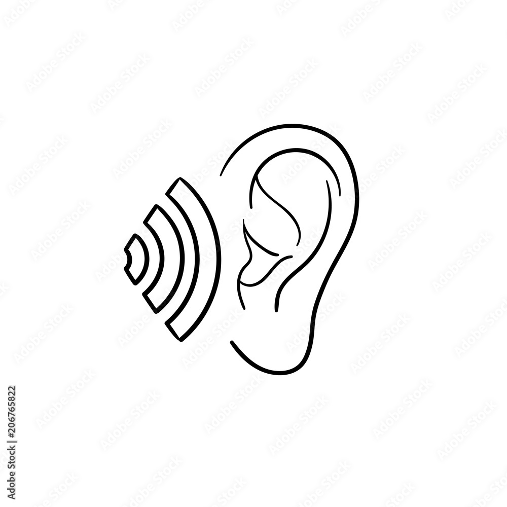 Human ear with sound waves hand drawn outline doodle icon. Human ear as ...