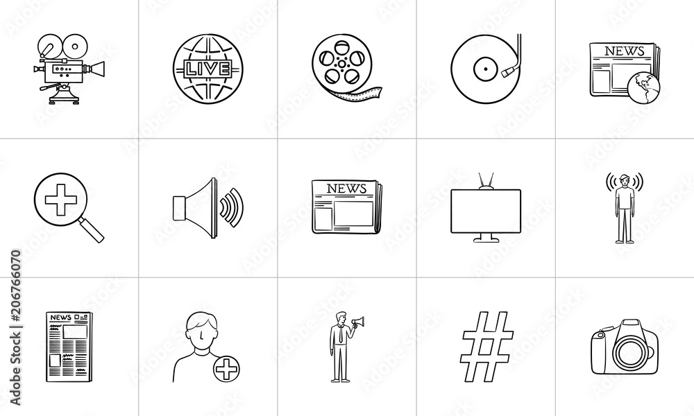 Media hand drawn outline doodle icon set for print, web, mobile and ...