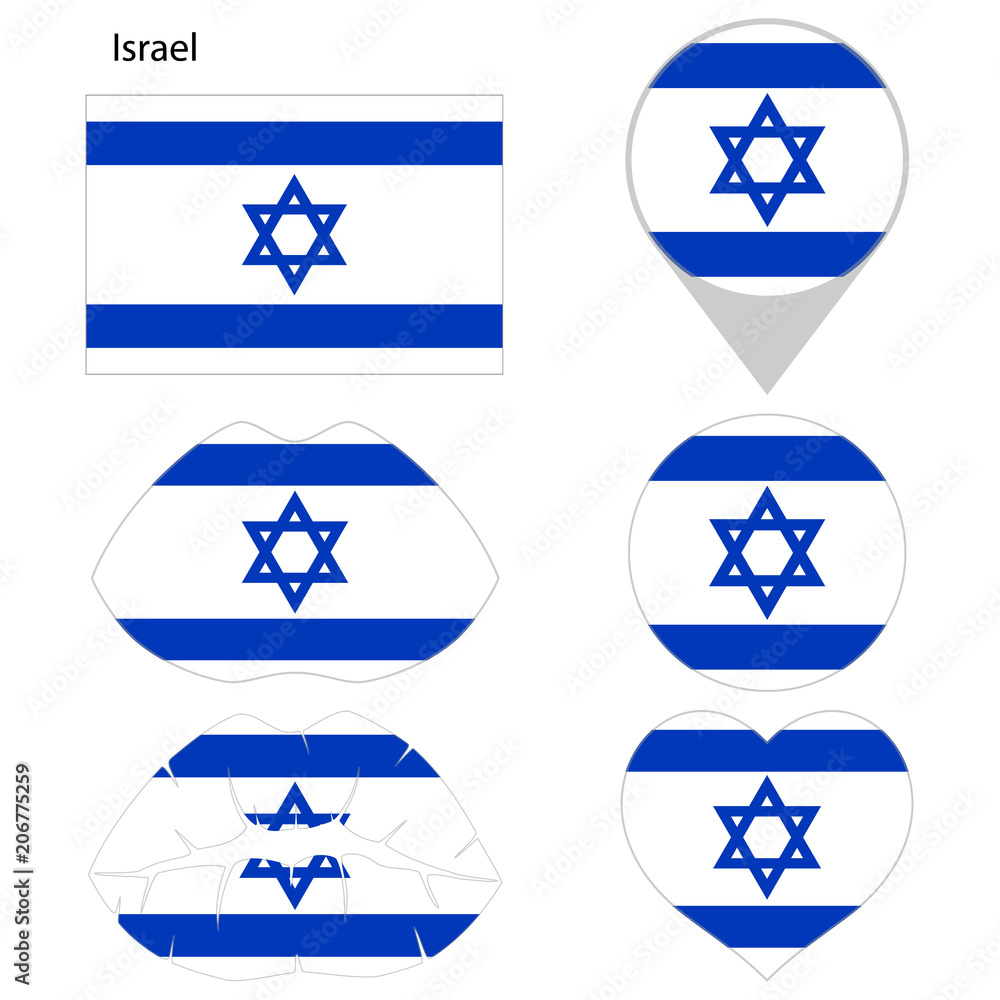 Flag of Israel, set. Correct proportions, lips, imprint of kiss, map ...