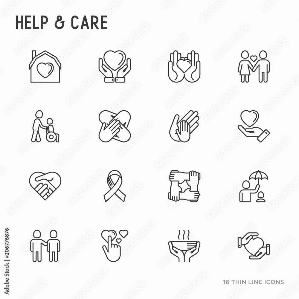 Help and care thin line icons set: symbols of support, help for ...