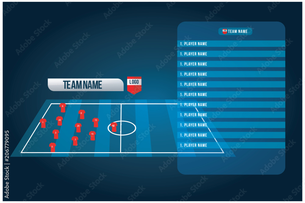 Soccer starting lineup squad. Football or soccer playing field with set ...