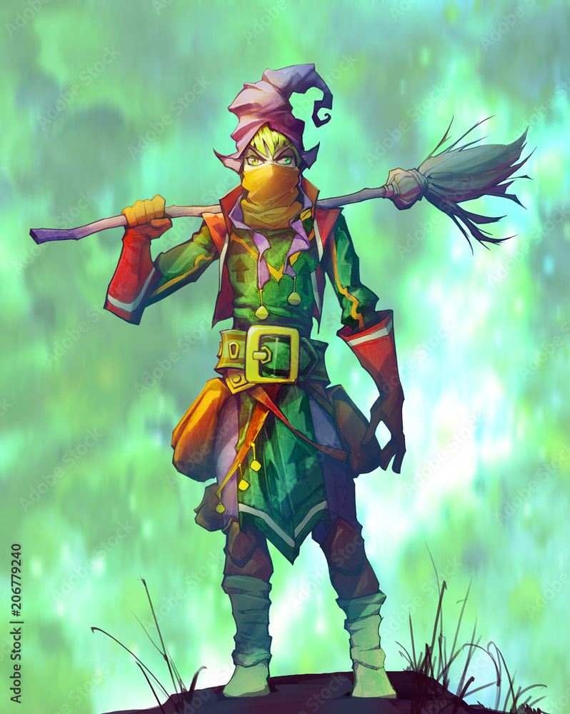 Hand drawn illustration of a funny cartoon anime janitor character with ...