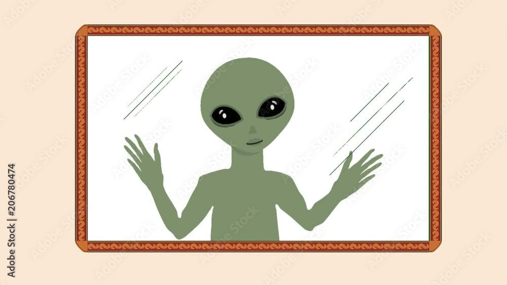 Cartoon animation movie of little green alien man looking through ...