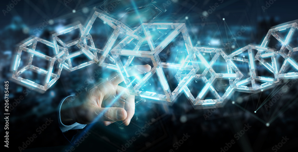 Businessman using digital blue Blockchain 3D rendering Stock-Foto ...