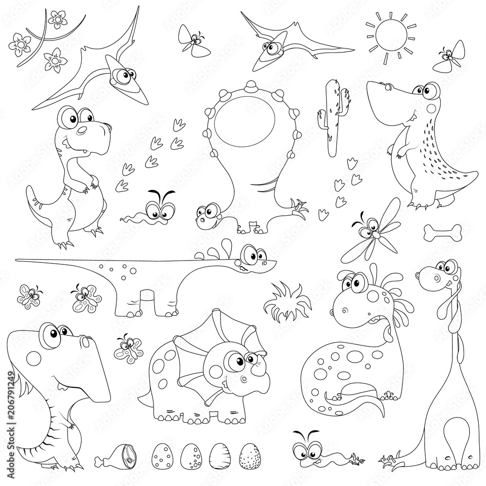 set of cute cartoon dinosaurs outline for coloring Stock Vector | Adobe ...